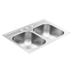 Moen GS202133Q 2000 Series 33-inch 20 Gauge Drop-in Double Bowl Stainless Steel Kitchen Sink, Featuring QuickMount