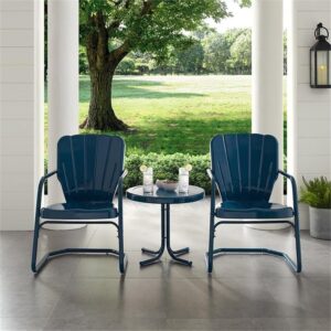 Crosley Furniture Ridgeland 3-Piece Outdoor Chair and Side Table Set, Retro Metal Bistro Patio Sets for Deck, Navy