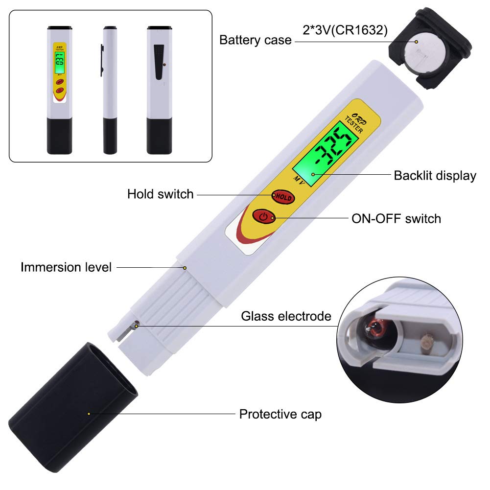 ORP Redox Meter Tester, -1999~1999mV Range, LCD Backlit ORP Meter Water Quality Mater Pen, for Drinking Water, Swimming Pool and Aquarium