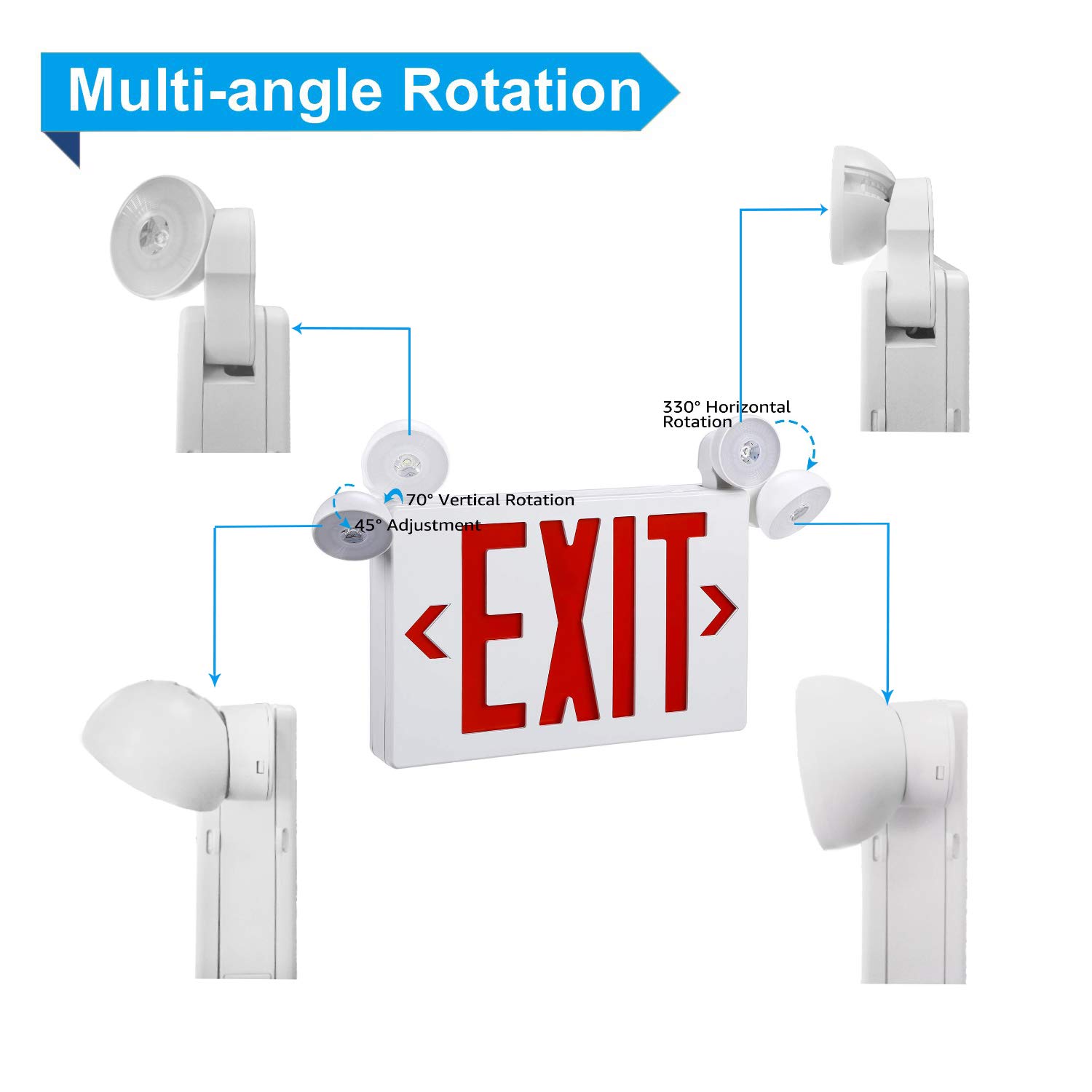 SPECTSUN 2 PACK LED Exit Sign Battery Backup-UL Certifited Exit Sign with Emergency Lights and 2 Lamp Heads- Fire Exit Sign 120-22VAC Red Emergency Exit Lighting for Business/Home.