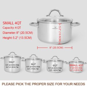 HOMICHEF Small Stock Pot 4 Quart Nickel Free Stainless Steel - Small 4 Qt Pot With Lid - 4Qt Stockpot With Lid - Soup Pot Small Cooking Pot 4 Quart - 4 Qt Pot With Glass Lid - Induction Pot With Lid