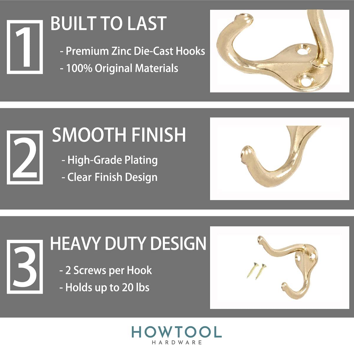 HOWTOOL Coat Hooks for Wall Hanging Heavy Duty Wall Mounted Brass Plated, 5 Pack