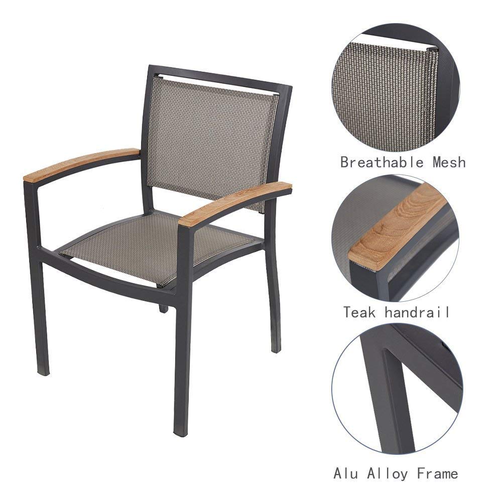 KARMAS PRODUCT 4 Pack Stackable Indoor/Outdoor Patio Dining Chairs with Teak Armrest,Textilene Mesh Fabric Aluminum Frame,Gray