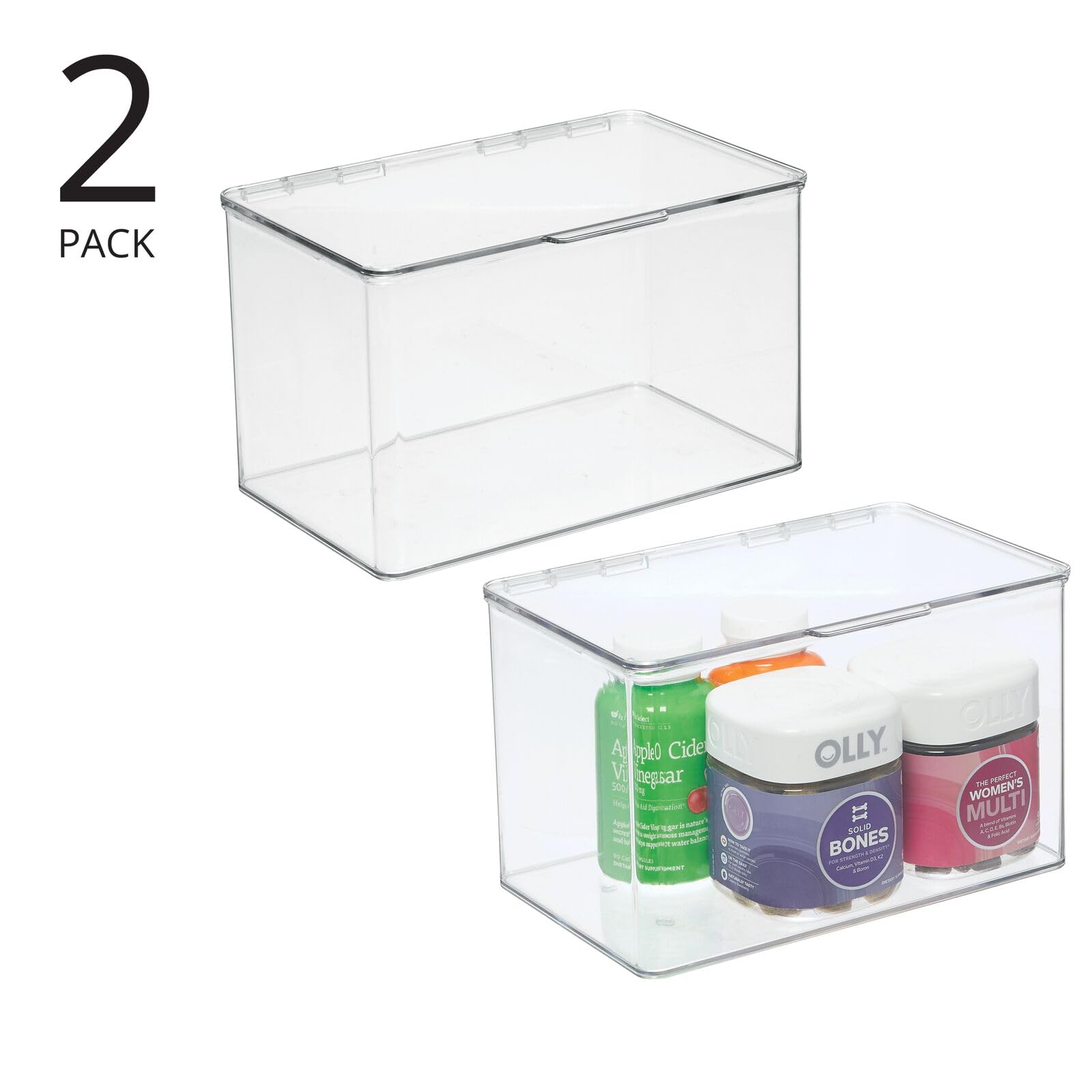 mDesign Plastic Bathroom Stackable Storage Box with Attached Hinged Lid - Holds Soap, Body Wash, Shampoo, Lotion, Conditioner, Hand Towels, Hair Accessories, Ligne Collection - 2 Pack - Clear