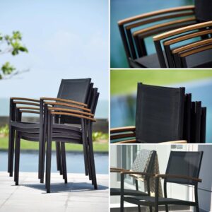 Amazonia Trentino 9 Piece Extendable Patio Dining Set Table and Sling Black Chairs| Durable, Quick Dry Ideal for Outdoors, Light Brown-Teak Finish