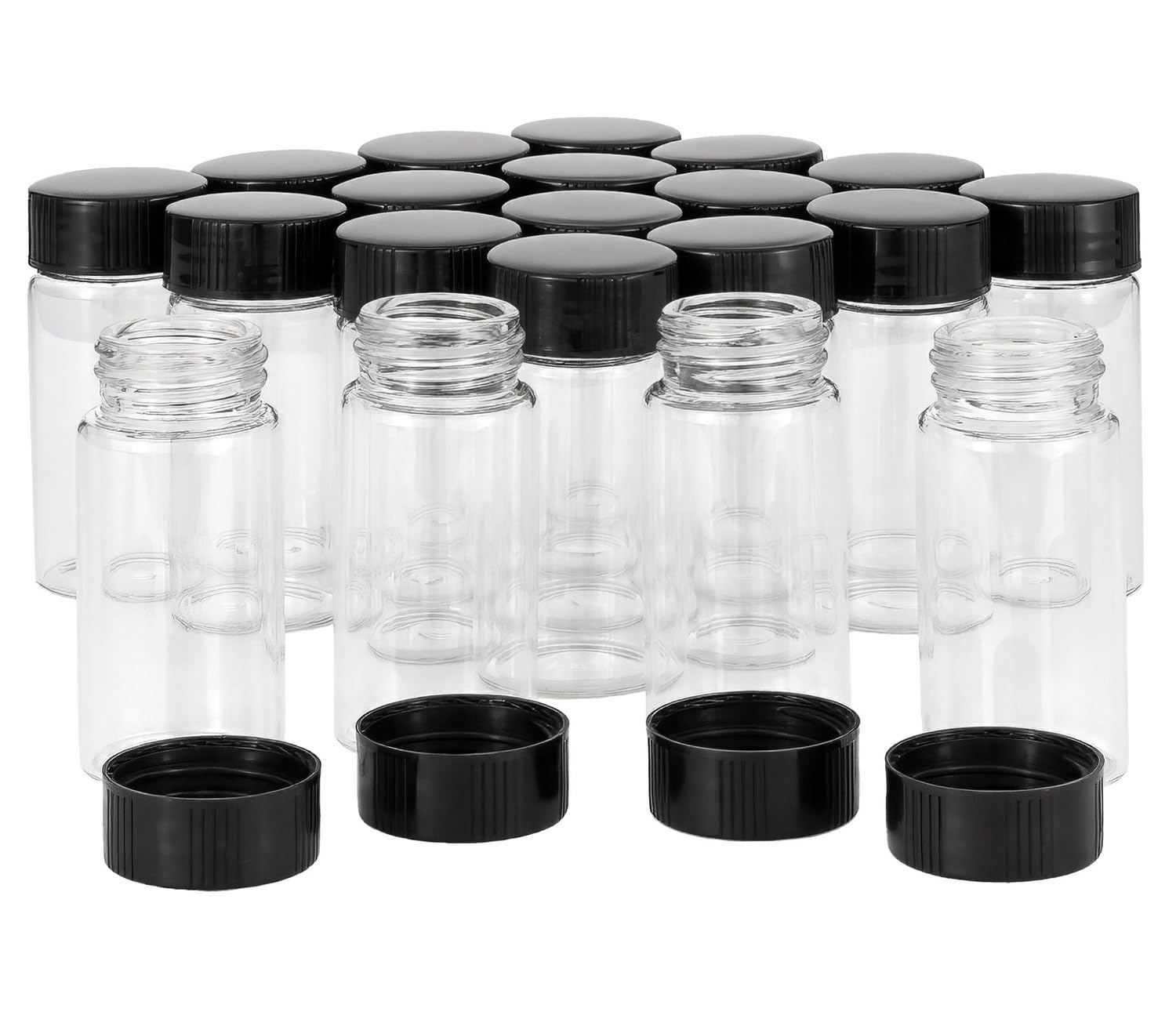 JIUWU 20 Pack, 20 ml Clear Glass Vials with Screw Caps 5 Dram Small Size Storage Bottle Container with Lids for Lab/Travel Essential Oil Samples Anointing Oil Vial Specimen and Water Sample Bottles