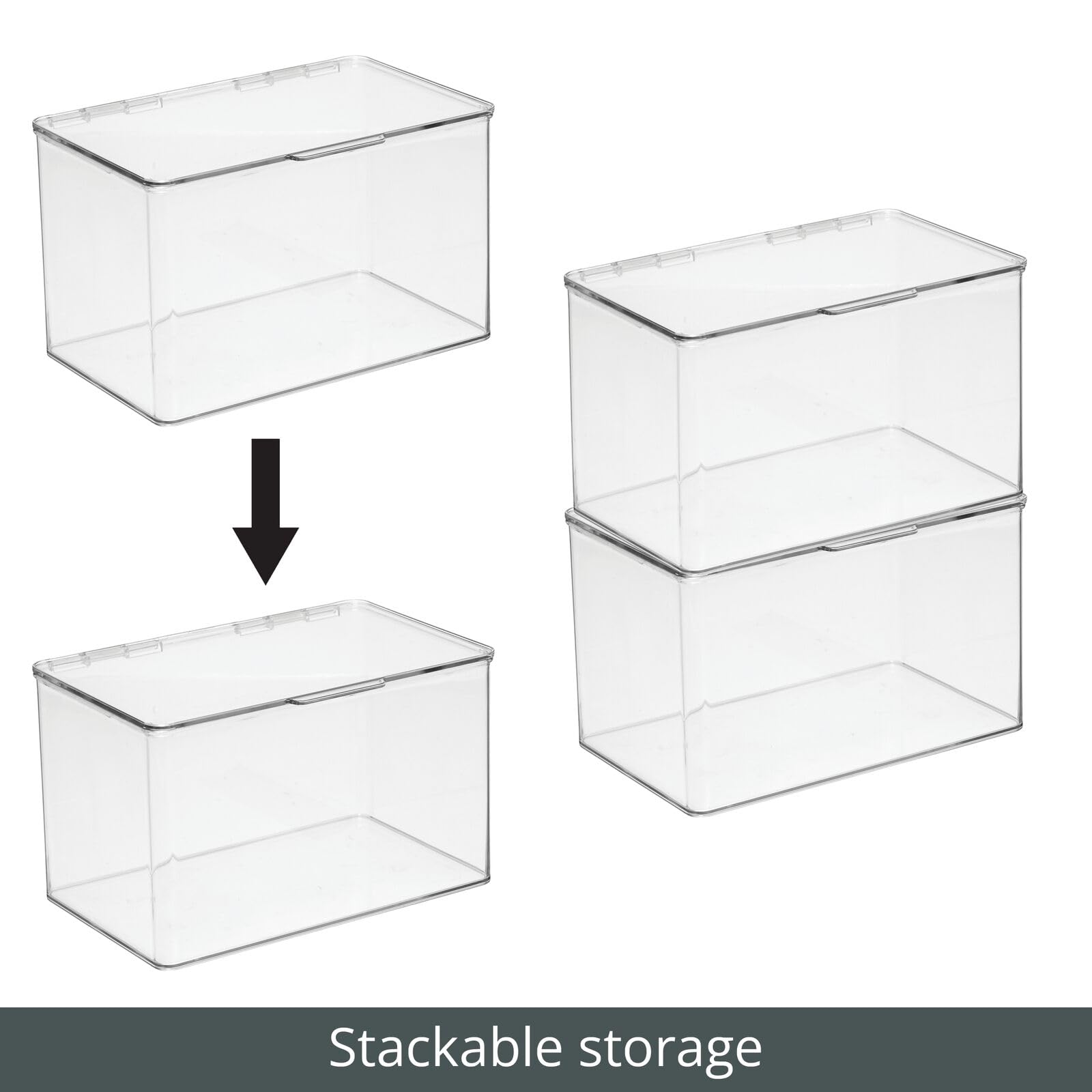 mDesign Plastic Bathroom Stackable Storage Box with Attached Hinged Lid - Holds Soap, Body Wash, Shampoo, Lotion, Conditioner, Hand Towels, Hair Accessories, Ligne Collection - 2 Pack - Clear