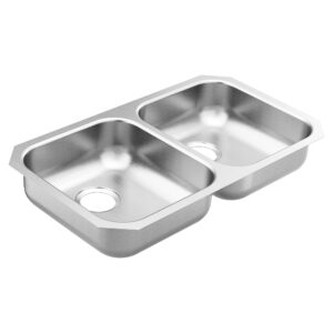 moen gs18215b 1800 series 31.75-inch 18 gauge undermount double bowl stainless steel kitchen sink rear drain, satin stainless