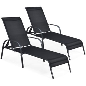 giantex 2 pcs lounge chairs patio furniture, backyard lawn sling chaise w/adjustable back, folding recliners for outdoor, black