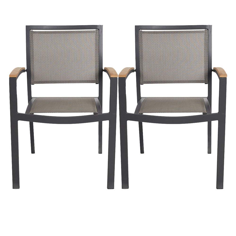 KARMAS PRODUCT 4 Pack Stackable Indoor/Outdoor Patio Dining Chairs with Teak Armrest,Textilene Mesh Fabric Aluminum Frame,Gray