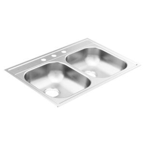 Moen GS202173BQ 2000 Series 33-inch 20 Gauge Drop-in Double Bowl Stainless Steel Kitchen Sink, 3 Hole, Featuring QuickMount