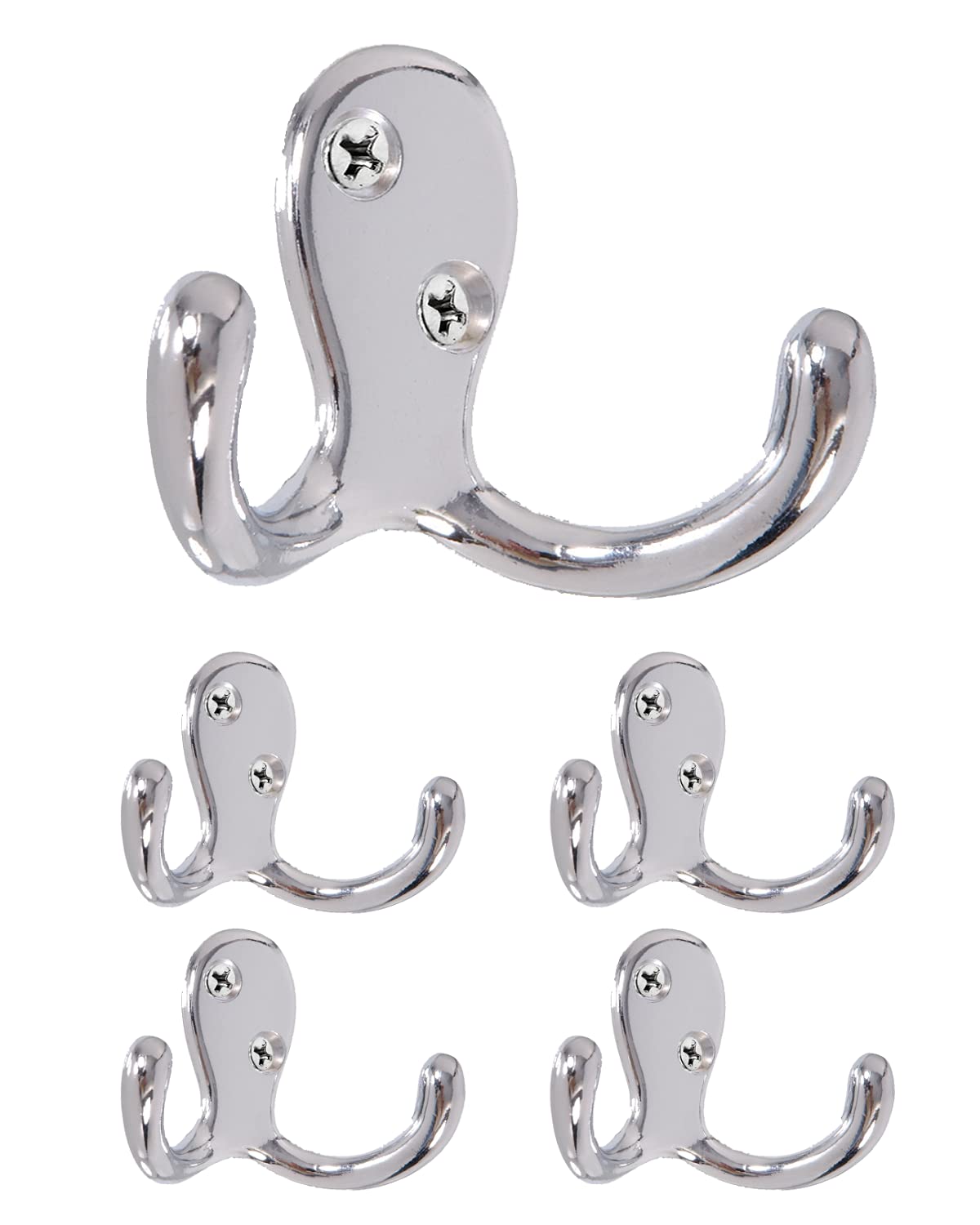 HOWTOOL Double Robe Hook 5 Pack Chrome with Screws Wall Mounted Towel Scarf