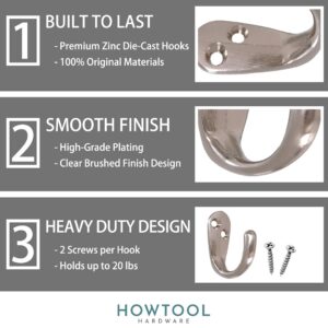 HOWTOOL Wall Hooks for Hanging Heavy Duty 35 lbs Hooks for Walls Brass 12 Pack