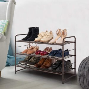 AULEDIO 3-Tier Shoe Rack, Stackable and Adjustable Multi-Function Wire Grid Shoe Organizer Storage, Extra Large Capacity, Space Saving, Fits Boots, High Heels, Slippers and More (Bronze)