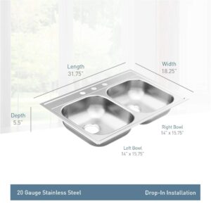 Moen GS202173BQ 2000 Series 33-inch 20 Gauge Drop-in Double Bowl Stainless Steel Kitchen Sink, 3 Hole, Featuring QuickMount