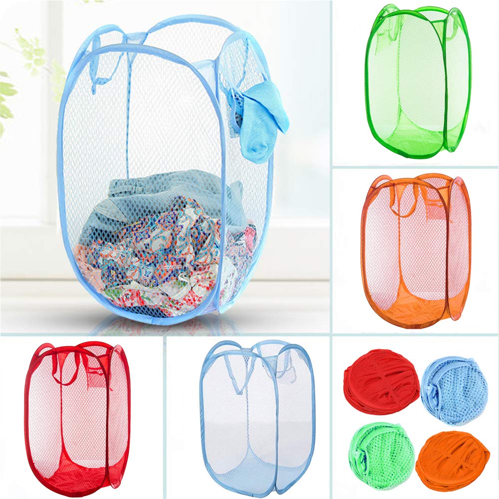 Qtopun Mesh Popup Laundry Hamper, 4 Pack Foldable Portable Dirty Clothes Basket for Bedroom, Kids Room, College Dormitory and Travel (Red,Orange,Green, Light blue)