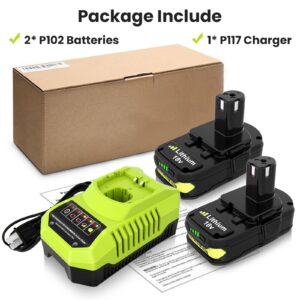 2 Packs 3.0Ah P102 Battery & P117 Charger Replacement for Ryobi 18V Battery and Charger Combo Compatible with Ryobi 18 Volt Battery Li-ion P102 P103 P104 P105 P107 P109 P108 P190 P122 P118(Red)