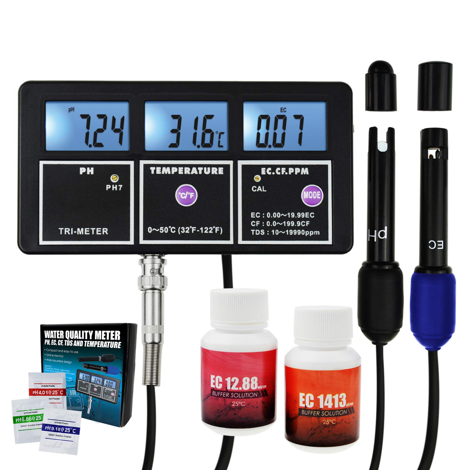 5-in-1 Water Quality Meter, PH EC CF TDS Temperature Multi-Parameter Water Quality Monitor with Backlight, Wall-mountable & Rechargeable, Water Quality Tester for Aquariums, Hydroponics, Lab