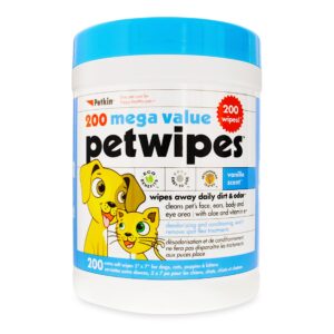 petkin mega petwipes, 200 wipes - pet wipes for dogs and cats - for face, paws, ears, body and eye area - super convenient dog cleaning wipes, ideal for home or travel - easy to use