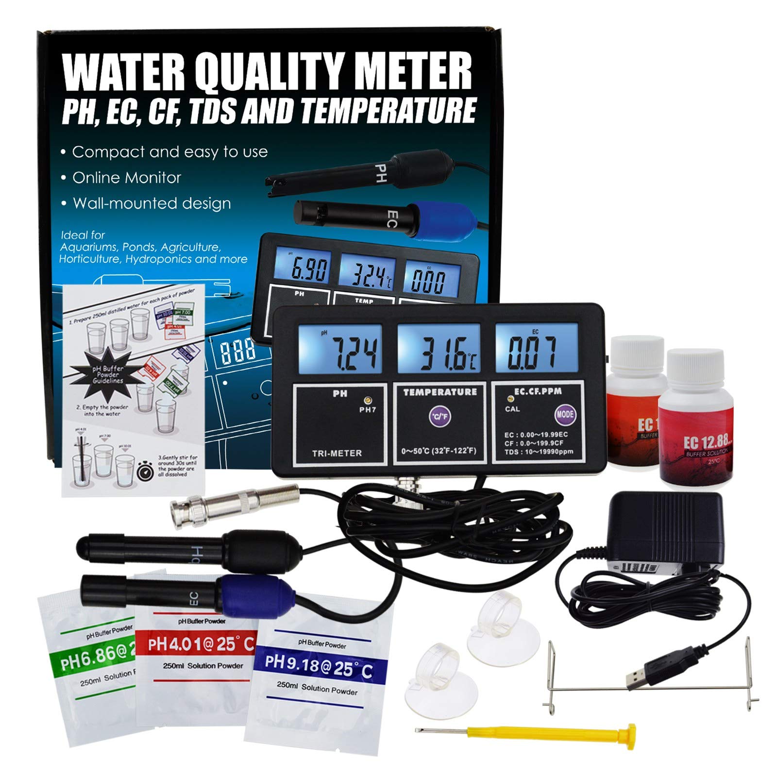 5-in-1 Water Quality Meter, PH EC CF TDS Temperature Multi-Parameter Water Quality Monitor with Backlight, Wall-mountable & Rechargeable, Water Quality Tester for Aquariums, Hydroponics, Lab