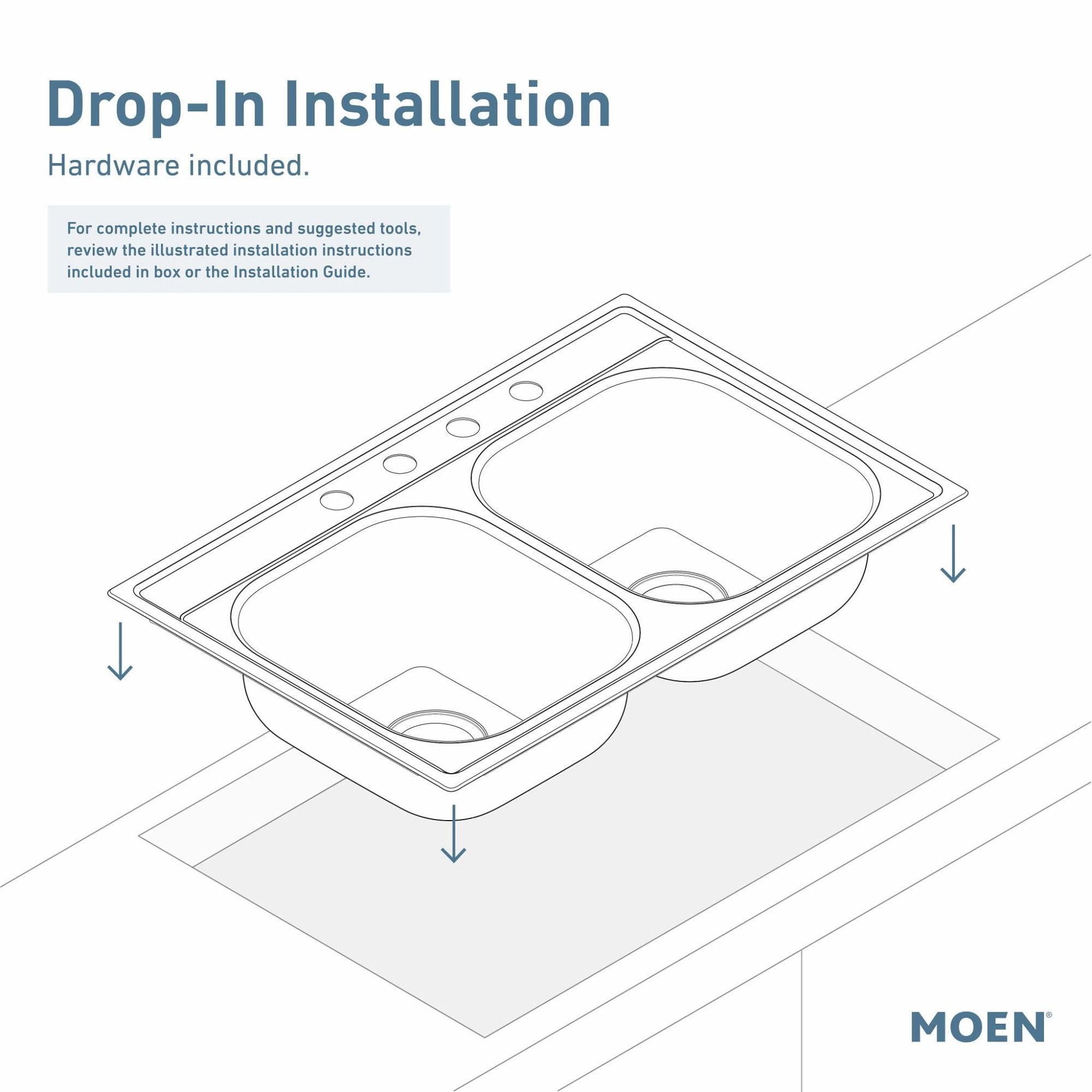 Moen GS202131 2000 33-inch 20 Gauge Double Bowl Drop-in Stainless Steel Kitchen Sink, Featuring QuickMount