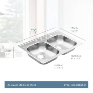 Moen GS202174BQ 2000 Series 33-inch 20 Gauge Drop-in Double Bowl Stainless Steel Kitchen Sink, 4 Hole, Featuring QuickMount