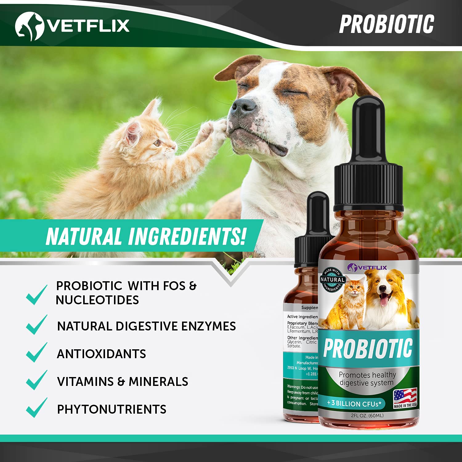 Premium Probiotics for Dogs & Cats - Digestive Enzymes & Prebiotics Supplement - Helps to Relieve Diarrhea, Vomiting, Upset Stomach, Gas, Constipation & Bad Breath - Supports Healthy Digestive System