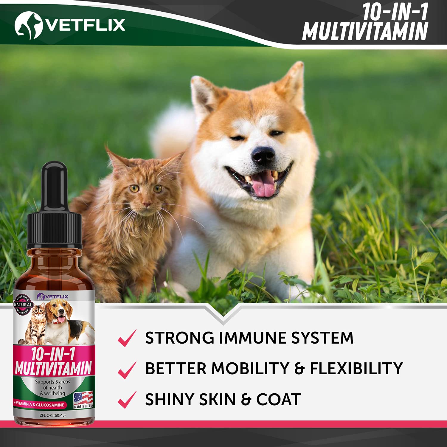 Vetflix Pet Vitamins 10-in-1 Made in USA - Natural Glucosamine for Dogs & Cats, Essential Multivitamin Blend for Pet Joint Health, Longevity, Gut & Immune Health - All Ages, Breeds and Sizes 2 fl oz