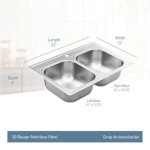 Moen GS202131 2000 33-inch 20 Gauge Double Bowl Drop-in Stainless Steel Kitchen Sink, Featuring QuickMount