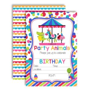 party animals carousel merry go round themed birthday party invitations, 20 5x7 fill in cards with twenty white envelopes by amandacreation