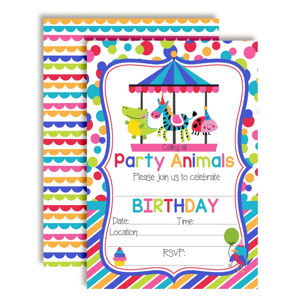 Party Animals Carousel Merry Go Round Themed Birthday Party Invitations, 20 5x7 Fill In Cards with Twenty White Envelopes by AmandaCreation