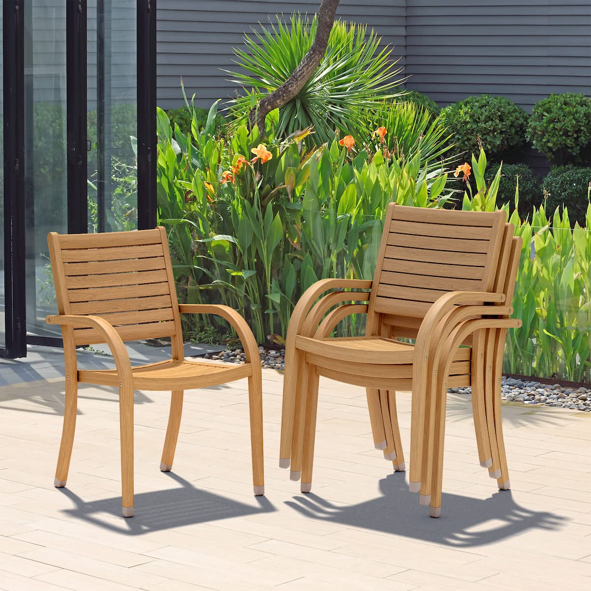 Amazonia Arizona Patio Stacking Chairs | Teak Finish | Durable and Ideal for Indoors and Outdoors (Set of 4), Light Brown