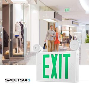 SPECTSUN LED Exit Sign Battery Backup, Green Exit Emergency Light with 2 Lamp Heads, Fire Exit Sign with Emergency Lights, Hardwired Exit Sign - 2 Pack, 120V Exit Sign, Commercial Emergency Exit Sign