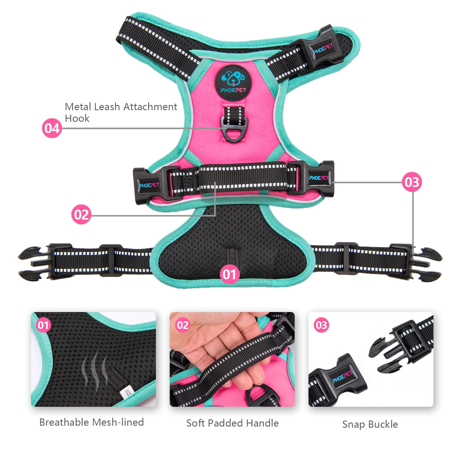 PHOEPET 2019 Upgraded No Pull Dog Harness, Reflective Adjustable Vest, with a Training Handle + 2 Metal Leash Hooks+ 3 Snap Buckles +4 Slide Buckles(L, Pink)