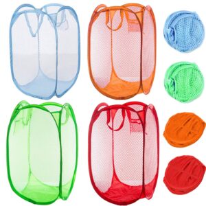 qtopun mesh popup laundry hamper, 4 pack foldable portable dirty clothes basket for bedroom, kids room, college dormitory and travel (red,orange,green, light blue)