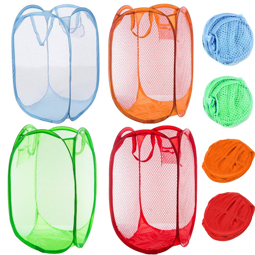 Qtopun Mesh Popup Laundry Hamper, 4 Pack Foldable Portable Dirty Clothes Basket for Bedroom, Kids Room, College Dormitory and Travel (Red,Orange,Green, Light blue)