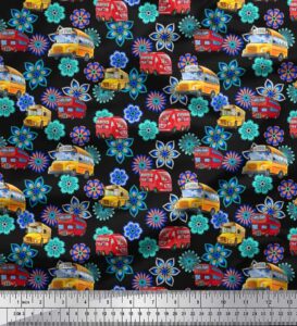 soimoi cotton poplin black fabric - by the yard - 42 inch wide - artistic floral & school bus transport kids fabric - creative and educational patterns for kids' apparel printed fabric