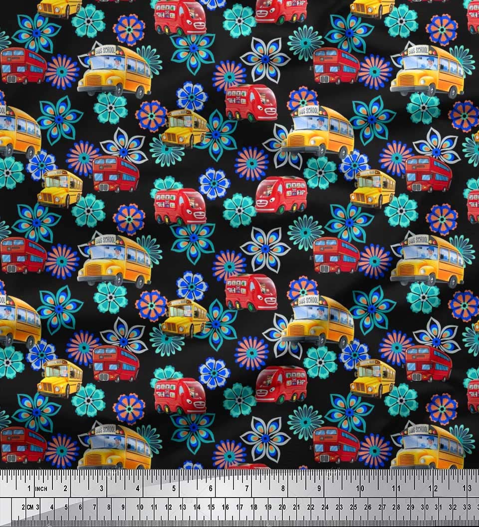 Soimoi Cotton Poplin Black Fabric - by The Yard - 42 Inch Wide - Artistic Floral & School Bus Transport Kids Fabric - Creative and Educational Patterns for Kids' Apparel Printed Fabric