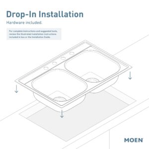 Moen GS202173BQ 2000 Series 33-inch 20 Gauge Drop-in Double Bowl Stainless Steel Kitchen Sink, 3 Hole, Featuring QuickMount