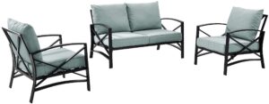 crosley furniture kaplan 3-piece outdoor loveseat patio furniture set, conversation sets for porch, deck, white with navy cushions