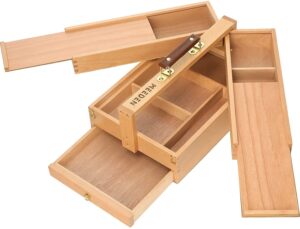 meeden artist supply storage box - portable foldable multi-function beech wood artist tool & brush storage box with compartments & drawer for pastels, pencils, pens, markers, brushes