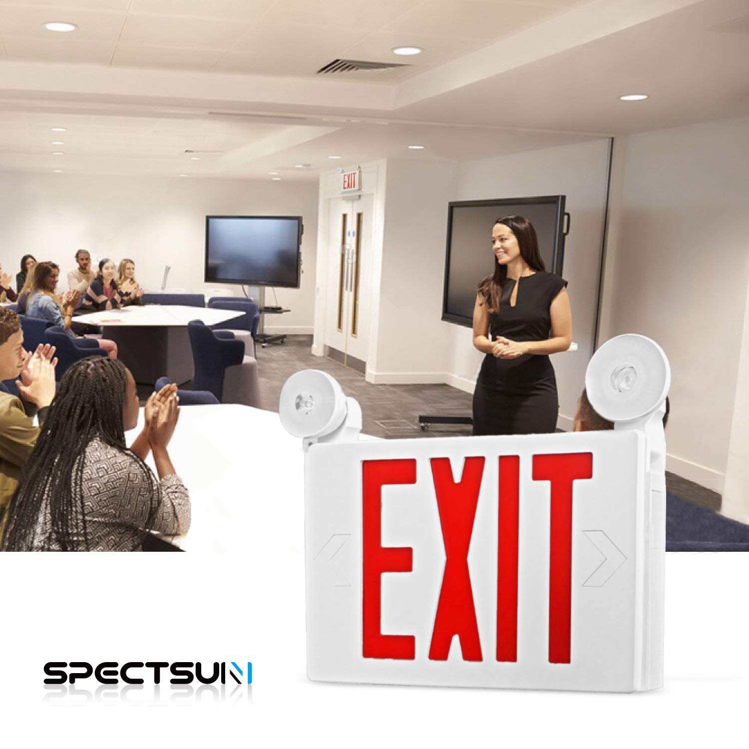 SPECTSUN 2 PACK LED Exit Sign Battery Backup-UL Certifited Exit Sign with Emergency Lights and 2 Lamp Heads- Fire Exit Sign 120-22VAC Red Emergency Exit Lighting for Business/Home.