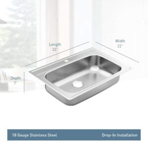 Moen GS181631BQ 1800 Series 33-inch 18 Gauge Drop-in Single Bowl Stainless Steel Kitchen Sink 7-inch Depth Featuring QuickMount, Satin Stainless