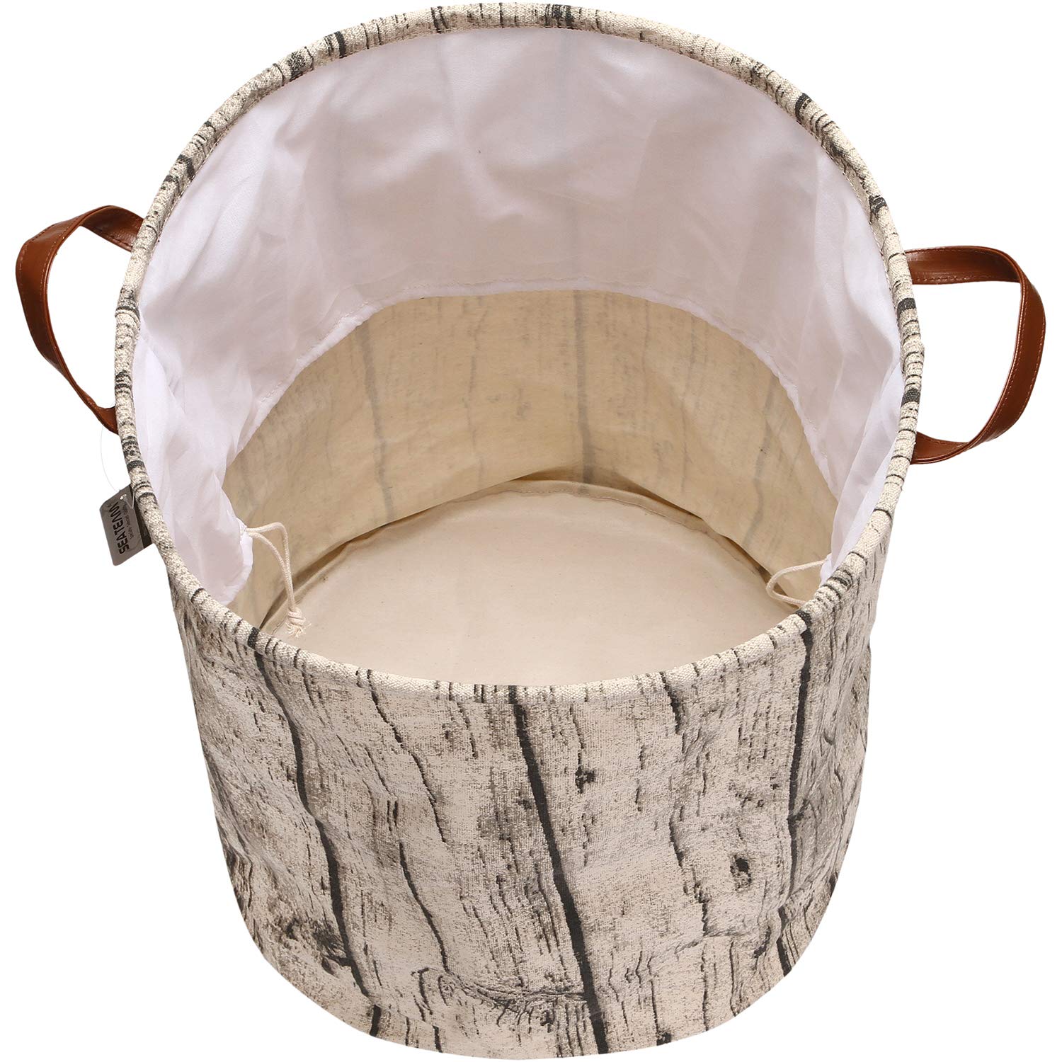 Sea Team Large Size Tree Stump Design Canvas Fabric Laundry Hamper Collapsible Storage Basket with PU Leather Handles and Drawstring Cover for Kid’s Room, 19.7 by 15.7 inches, Waterproof Inner