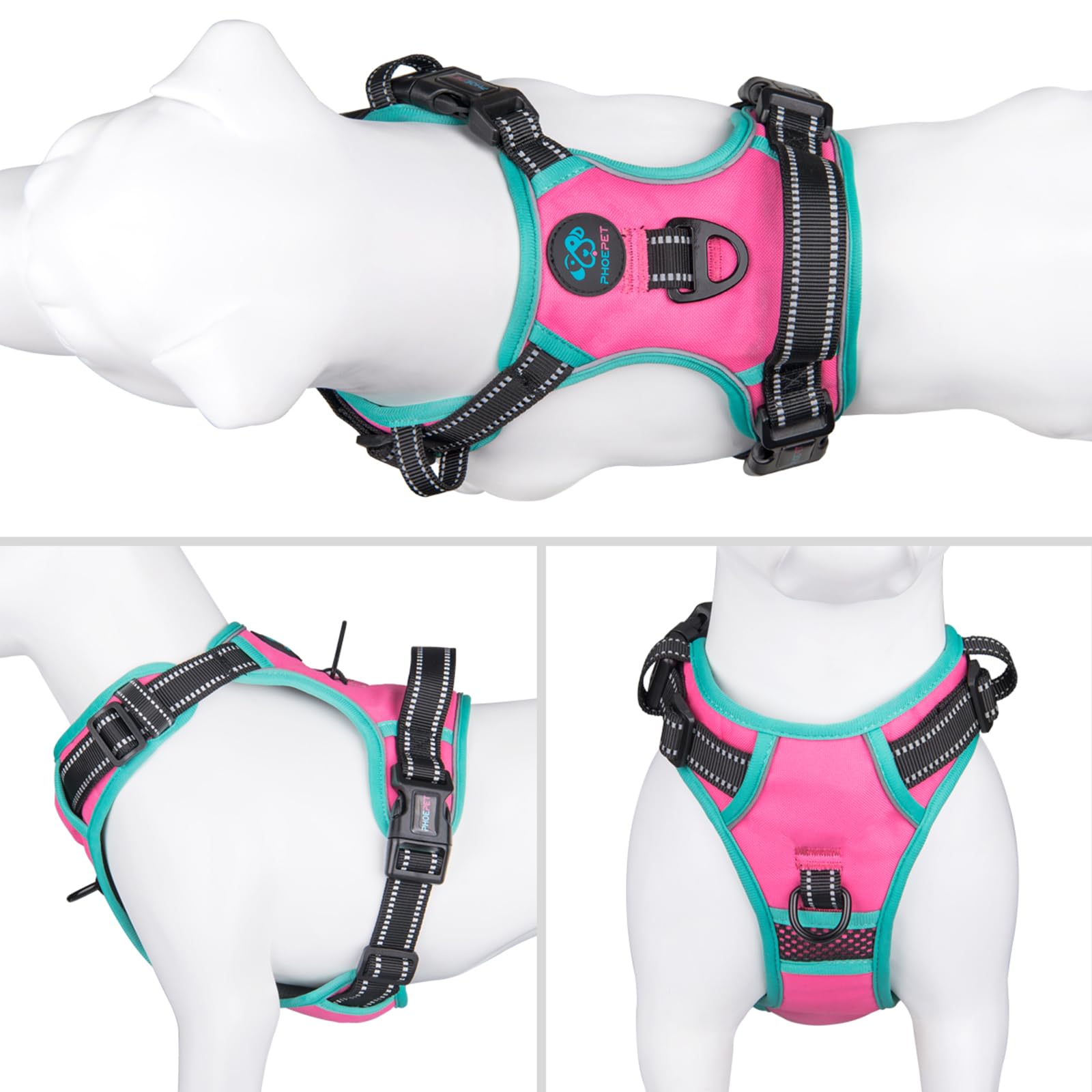 PHOEPET 2019 Upgraded No Pull Dog Harness, Reflective Adjustable Vest, with a Training Handle + 2 Metal Leash Hooks+ 3 Snap Buckles +4 Slide Buckles(L, Pink)