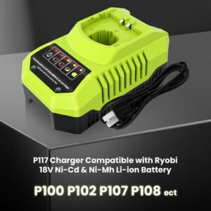 2 Packs 3.0Ah P102 Battery & P117 Charger Replacement for Ryobi 18V Battery and Charger Combo Compatible with Ryobi 18 Volt Battery Li-ion P102 P103 P104 P105 P107 P109 P108 P190 P122 P118(Red)