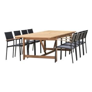 amazonia trentino 9 piece extendable patio dining set table and sling black chairs| durable, quick dry ideal for outdoors, light brown-teak finish