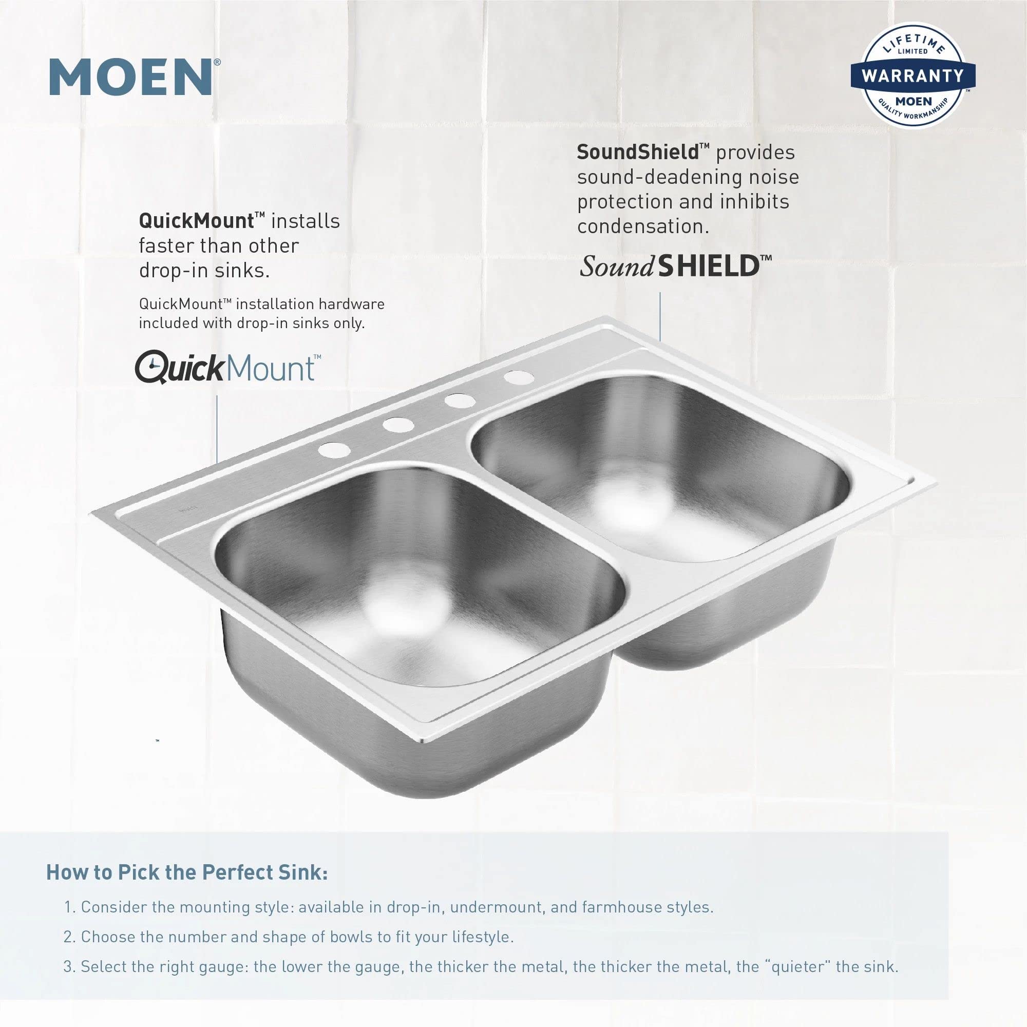 Moen GS18212 1800 Series 31.75-inch 18 Gauge Undermount Double Bowl Stainless Steel Kitchen Sink, Satin Stainless