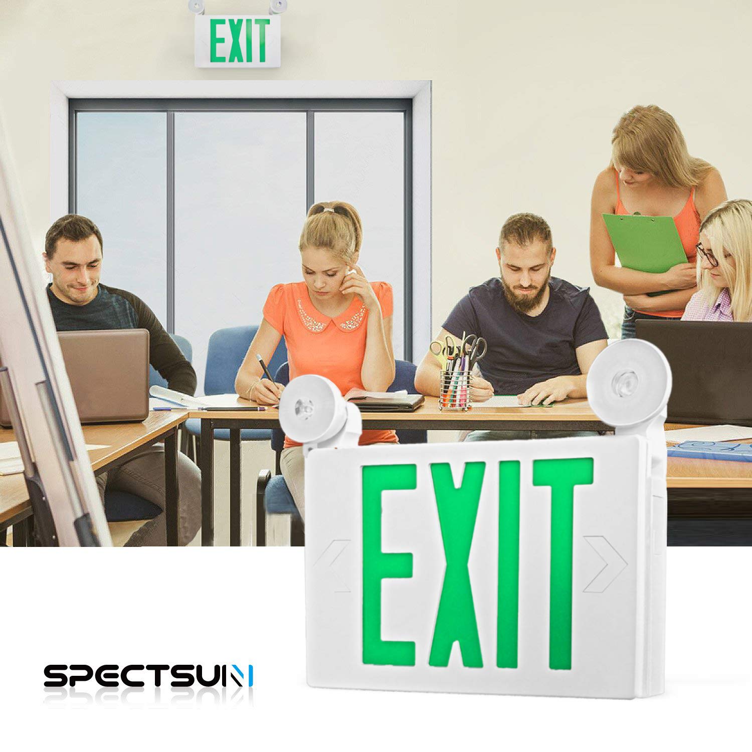 SPECTSUN LED Exit Sign Battery Backup, Green Exit Emergency Light with 2 Lamp Heads, Fire Exit Sign with Emergency Lights, Hardwired Exit Sign - 2 Pack, 120V Exit Sign, Commercial Emergency Exit Sign