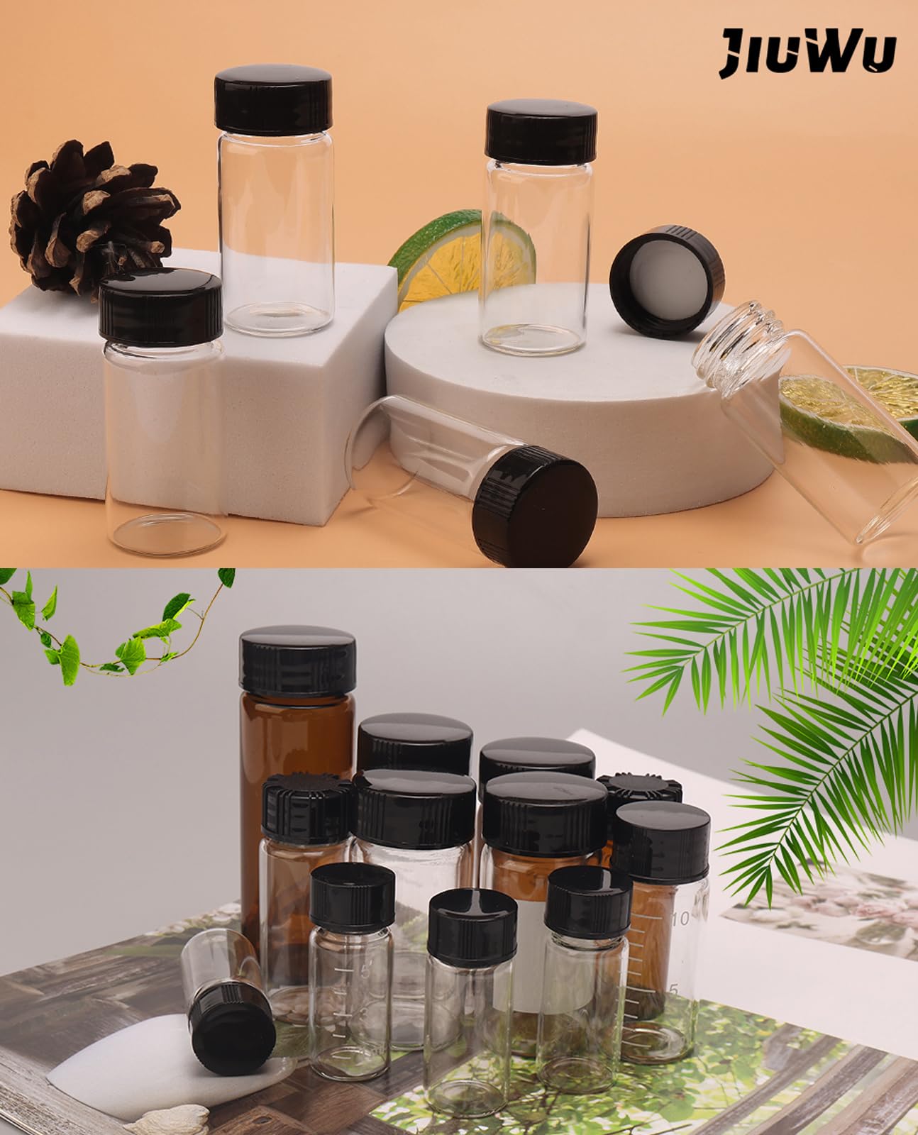 JIUWU 20 Pack, 20 ml Clear Glass Vials with Screw Caps 5 Dram Small Size Storage Bottle Container with Lids for Lab/Travel Essential Oil Samples Anointing Oil Vial Specimen and Water Sample Bottles